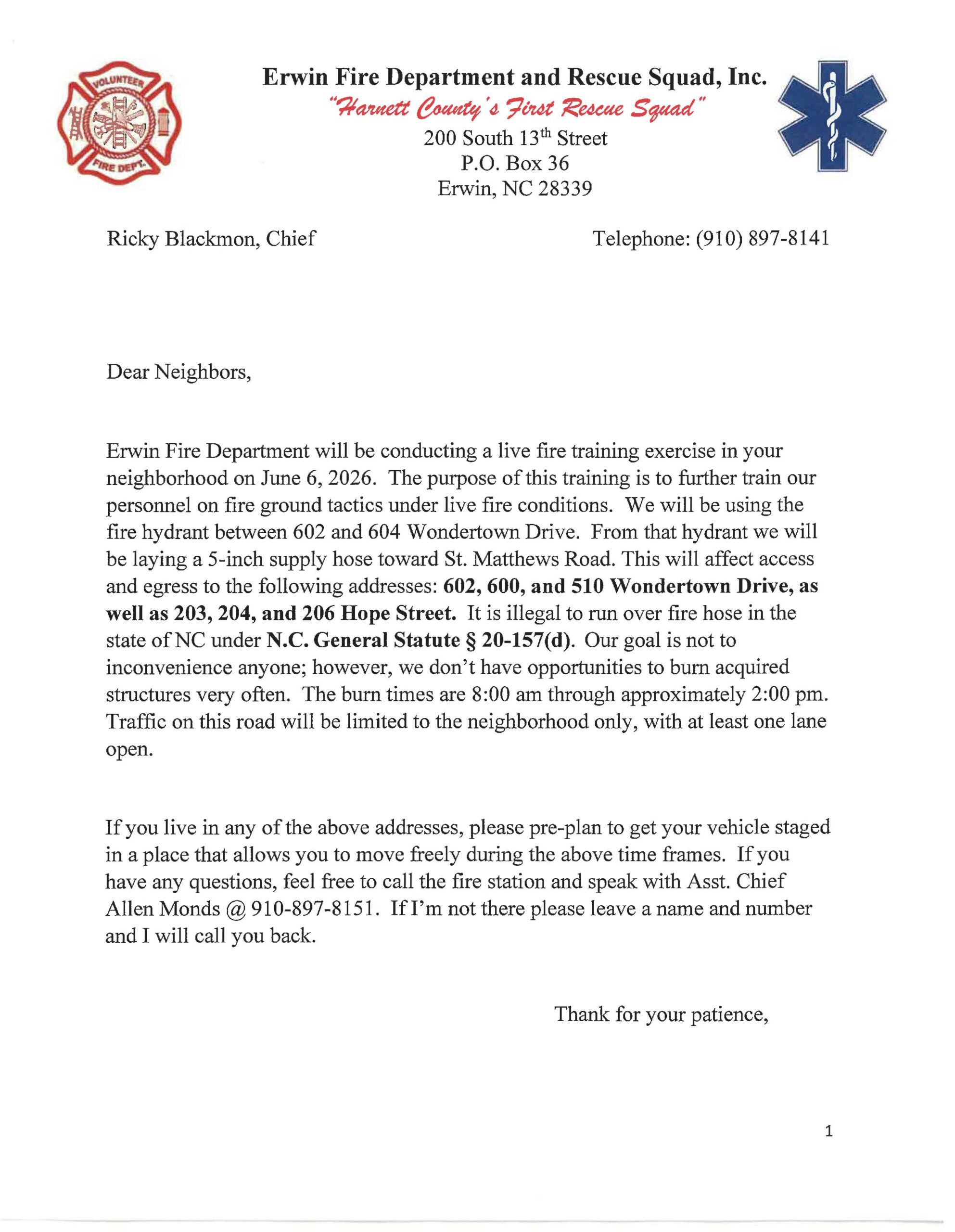 Public Notice: Erwin Fire Department Live Fire Training Exercise ...